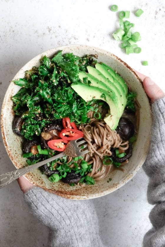 Crispy Kale, Shiitake & Avocado Ramen - Happy Veggie Kitchen