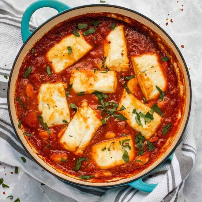 Smoky Tomato & Halloumi Bake - Happy Veggie Kitchen