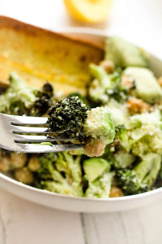 Roasted Broccoli, Avocado & Chickpea Caesar Salad - Happy Veggie Kitchen