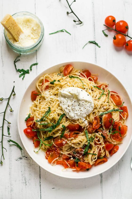 Pasta Burrata Bruschetta - Happy Veggie Kitchen