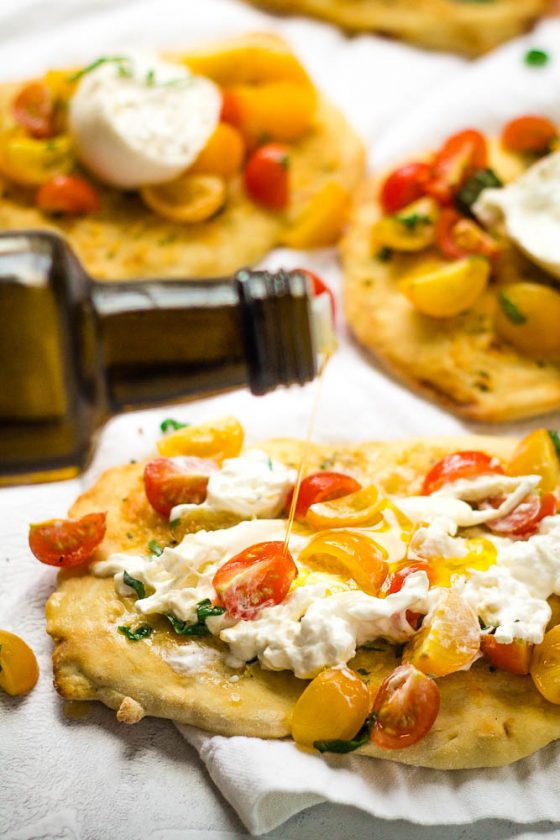 Burrata Pizza with Cherry Tomatoes & Garlic Butter - Happy Veggie Kitchen
