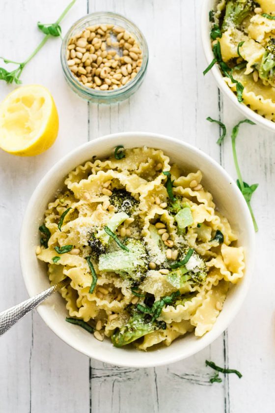 Mafalde Pasta with Broccoli, Lemon & Pine Nuts - Happy Veggie Kitchen