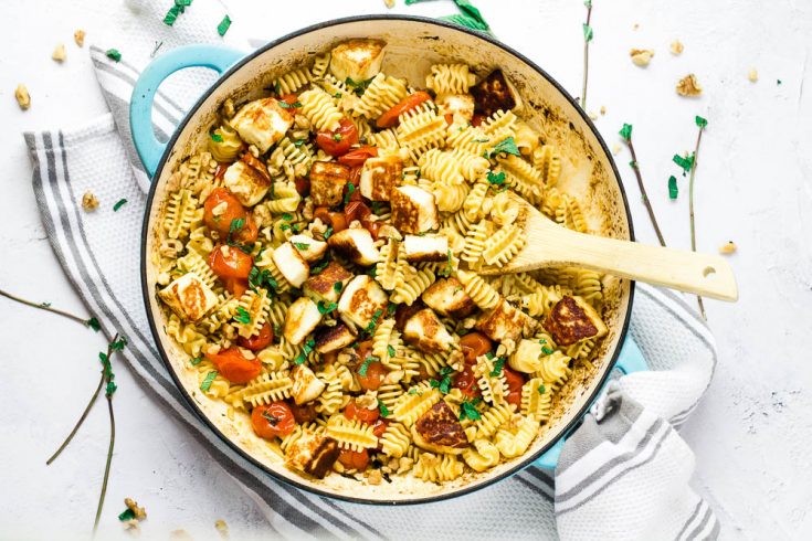 Halloumi Pasta with Cherry Tomatoes & Mint - Happy Veggie Kitchen
