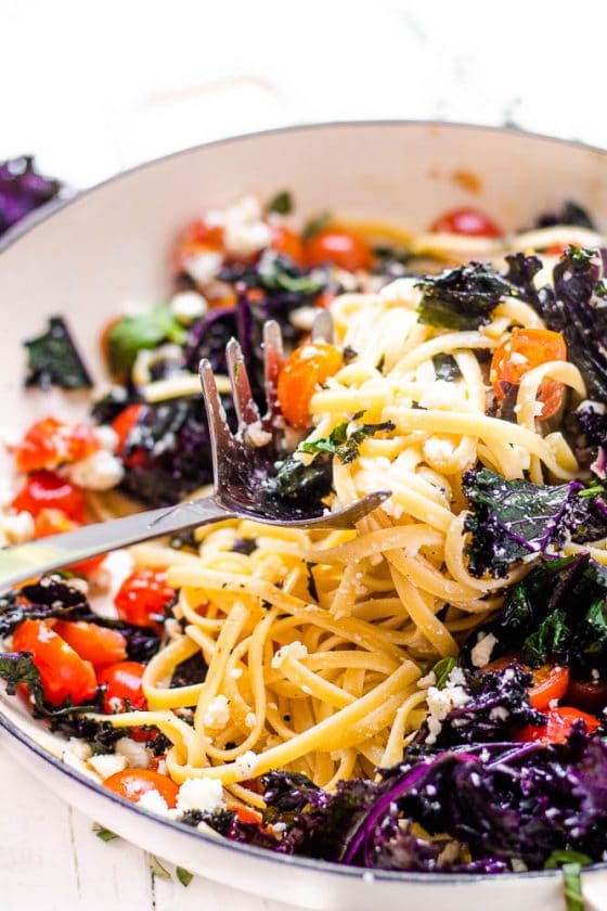 Purple Kale & Cherry Tomato Pasta - Happy Veggie Kitchen
