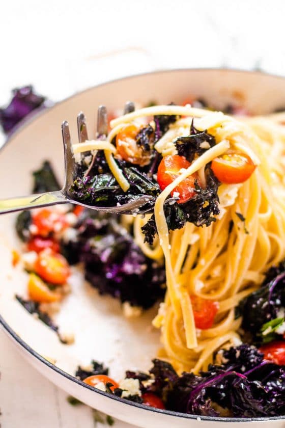 Purple Kale & Cherry Tomato Pasta - Happy Veggie Kitchen
