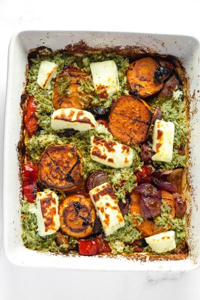 Halloumi Tray Bake with Pesto Rice & Roasted Vegetables - Happy Veggie ...