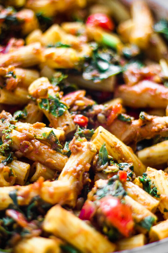 Vegan Rigatoni with "Spicy Sausage" Lentils - Happy Veggie Kitchen