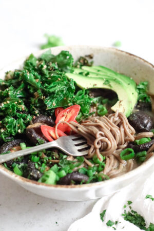 Crispy Kale, Shiitake & Avocado Ramen - Happy Veggie Kitchen