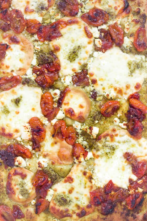 Scamorza Pizza with Pesto & Cherry Tomatoes - Happy Veggie Kitchen