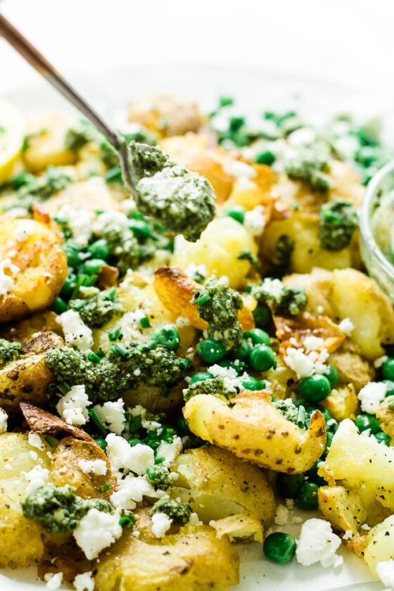 Roasted Smashed Potatoes & Peas - Happy Veggie Kitchen