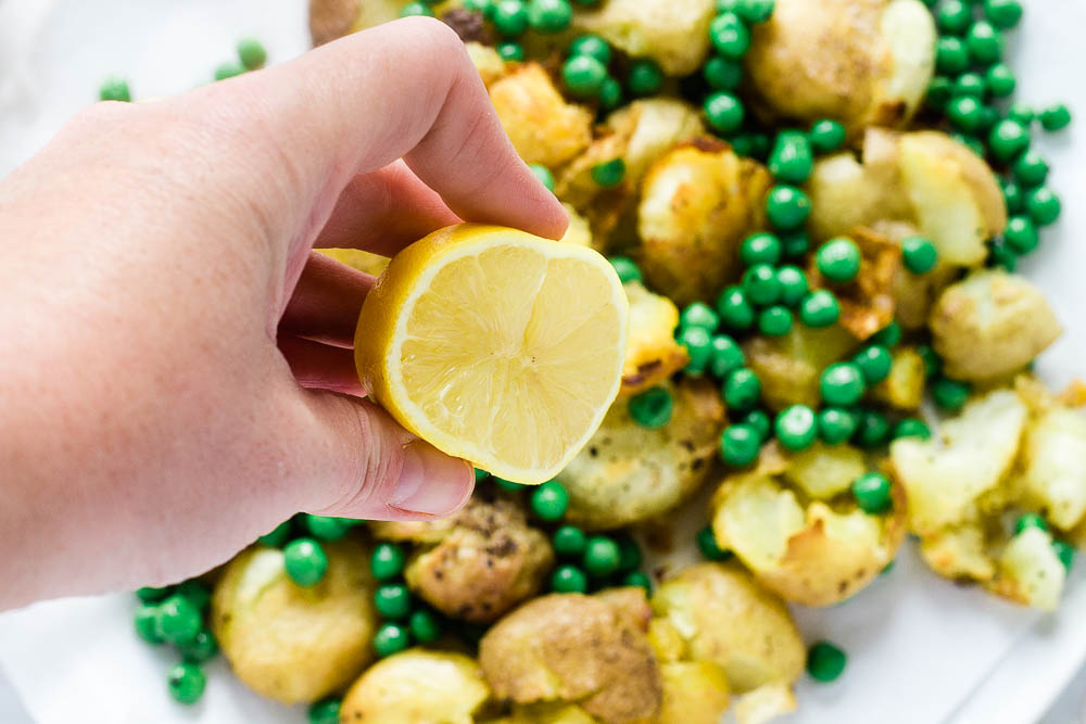 Roasted Smashed Potatoes & Peas - Happy Veggie Kitchen