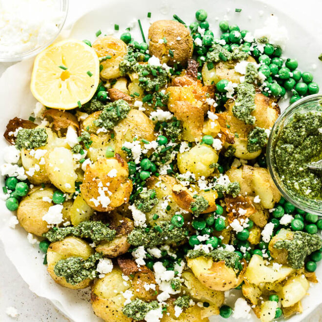 Roasted Smashed Potatoes & Peas - Happy Veggie Kitchen