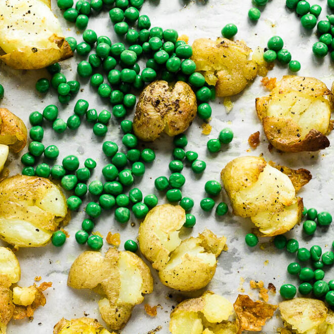 Roasted Smashed Potatoes & Peas - Happy Veggie Kitchen