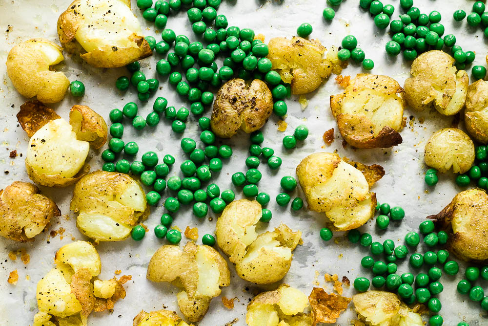 Roasted Smashed Potatoes & Peas - Happy Veggie Kitchen