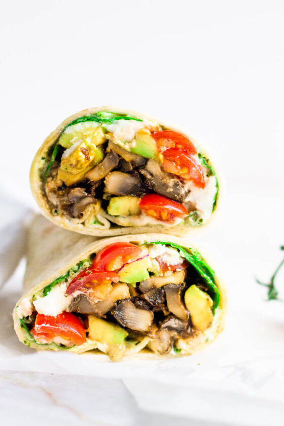 Mushroom Wraps with Spinach, Feta & Pesto - Happy Veggie Kitchen