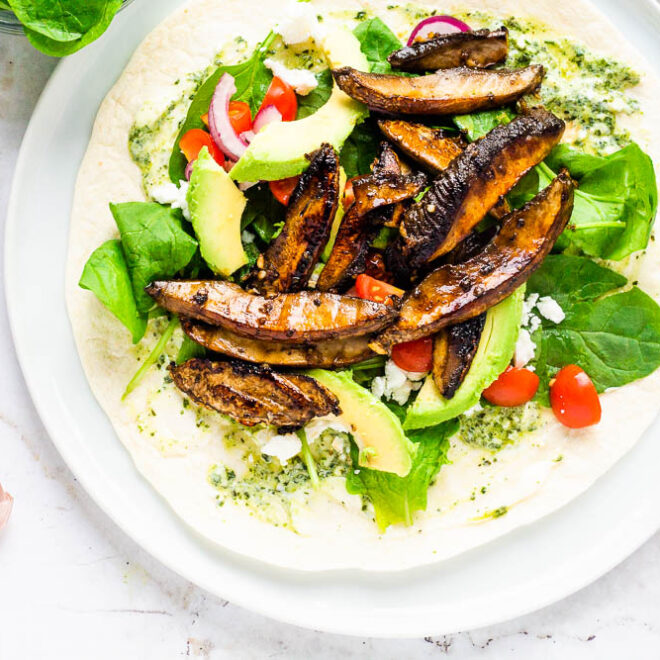 Mushroom Wraps with Spinach, Feta & Pesto - Happy Veggie Kitchen