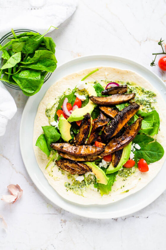 Mushroom Wraps with Spinach, Feta & Pesto - Happy Veggie Kitchen