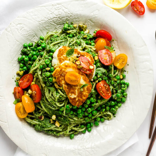 Halloumi Pesto Pasta - Happy Veggie Kitchen