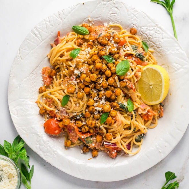 Spaghetti with Crispy Chickpeas - Happy Veggie Kitchen