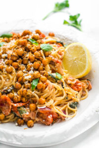 Spaghetti with Crispy Chickpeas - Happy Veggie Kitchen