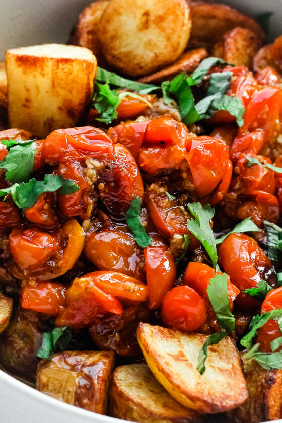 Roasted Potatoes with Tomatoes & Herbs - Happy Veggie Kitchen