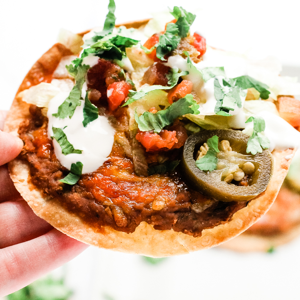 Air Fryer Tostadas with Beans & Cheese - Happy Veggie Kitchen