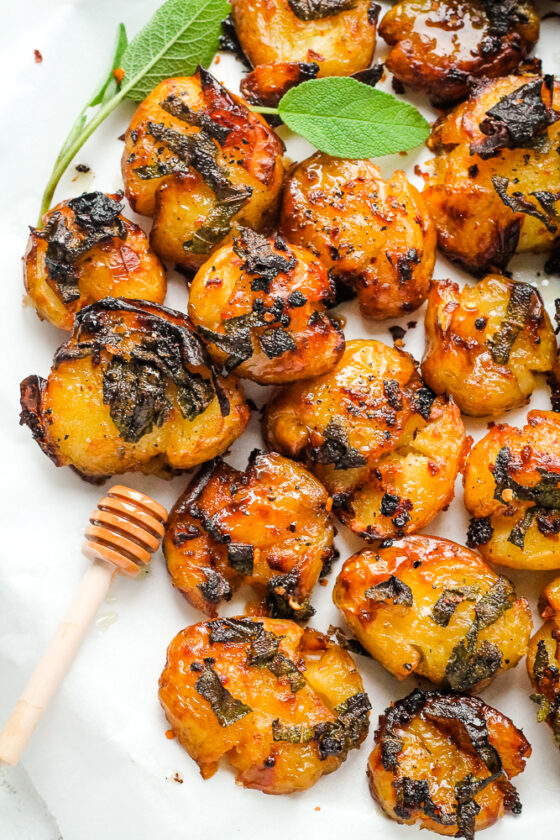 Smashed Hot Honey Sage Potatoes - Happy Veggie Kitchen