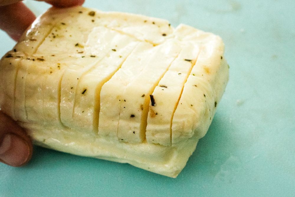 Hasselback Halloumi with Harissa - Happy Veggie Kitchen