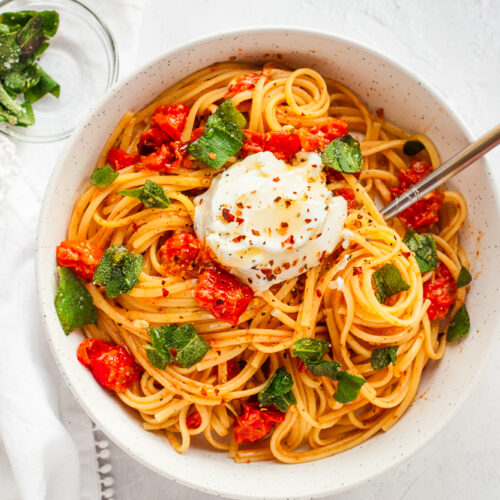 Tomato, Goats Cheese & Hot Honey Pasta - Happy Veggie Kitchen
