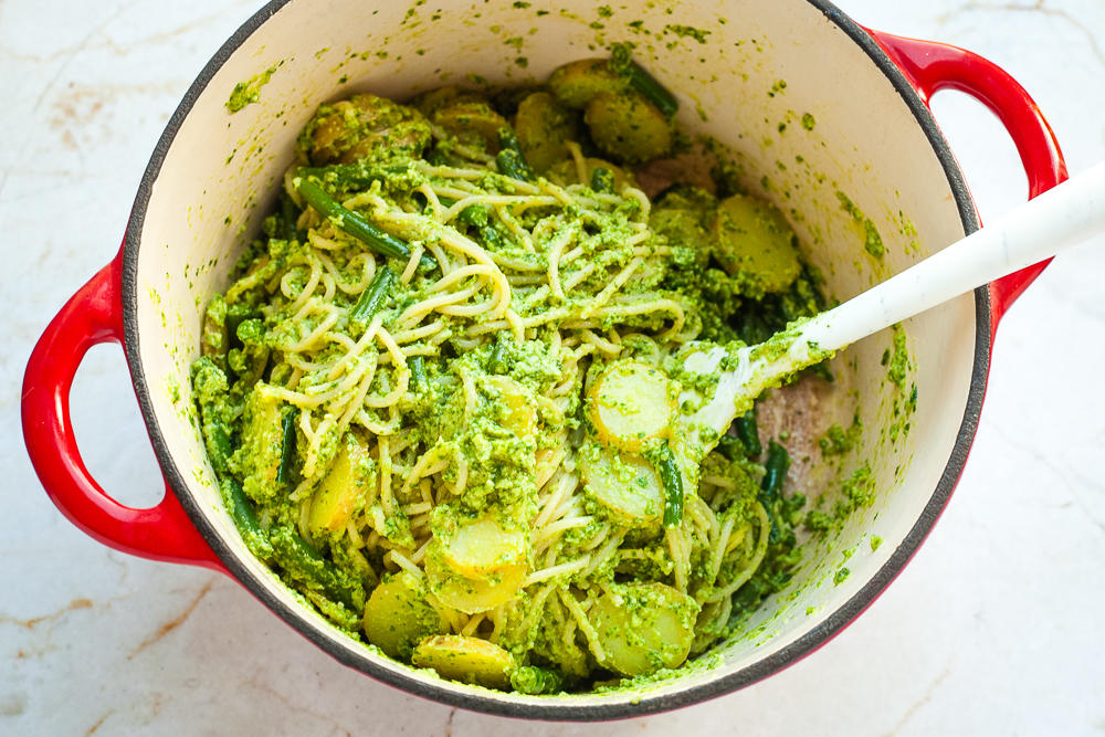 Spaghetti Genovese with Potatoes, Green Beans & Avocado Sauce - Happy ...