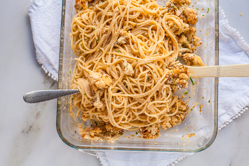 Cauliflower Feta Spaghetti - Happy Veggie Kitchen