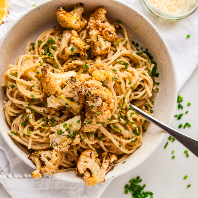 Cauliflower Feta Spaghetti - Happy Veggie Kitchen