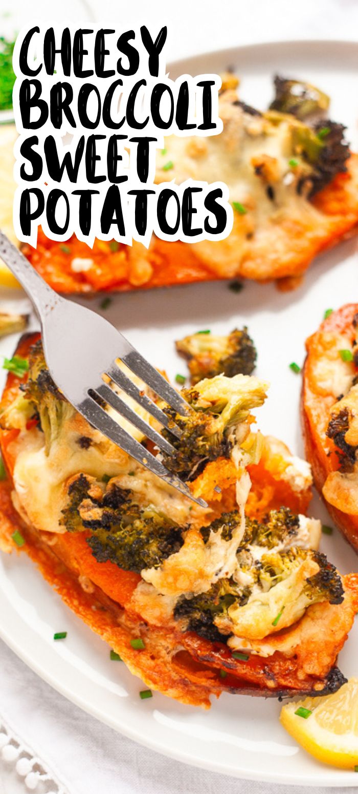 Cheesy Roasted Broccoli Stuffed Sweet Potatoes - Happy Veggie Kitchen
