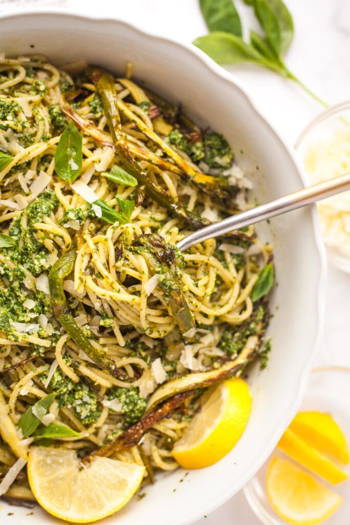 Asparagus Spaghetti with Pesto - Happy Veggie Kitchen