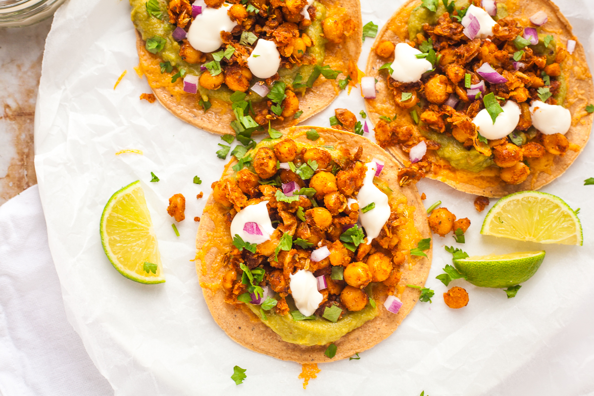 Vegetarian Tostadas with Crispy Smashed Chickpeas - Happy Veggie Kitchen
