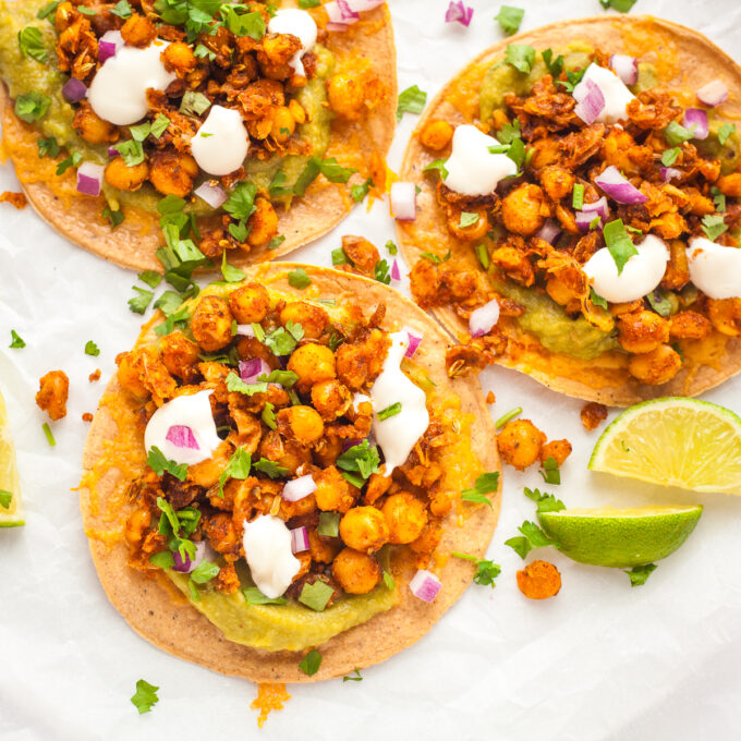 Vegetarian Tostadas with Crispy Smashed Chickpeas - Happy Veggie Kitchen