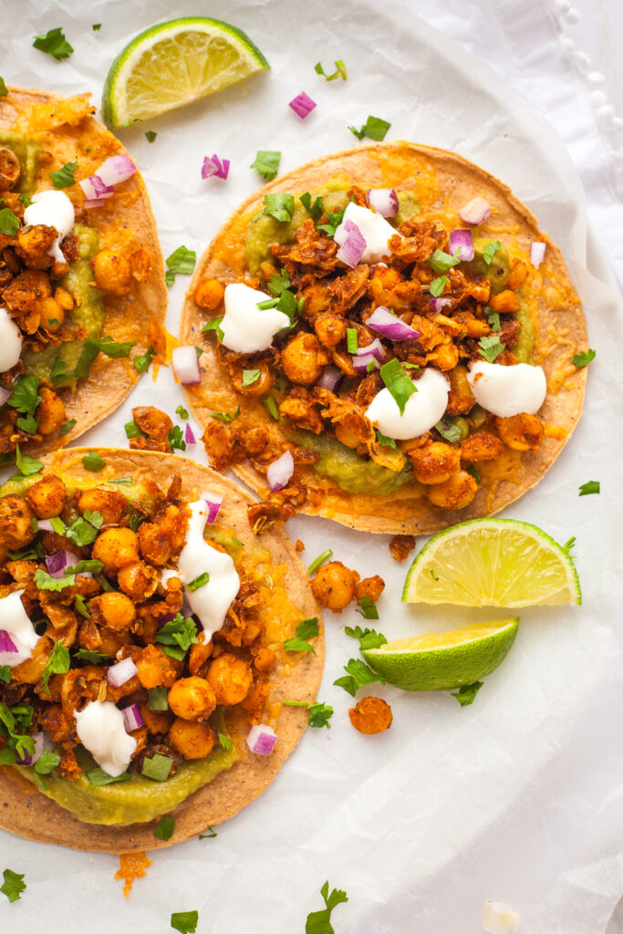 Vegetarian Tostadas with Crispy Smashed Chickpeas - Happy Veggie Kitchen