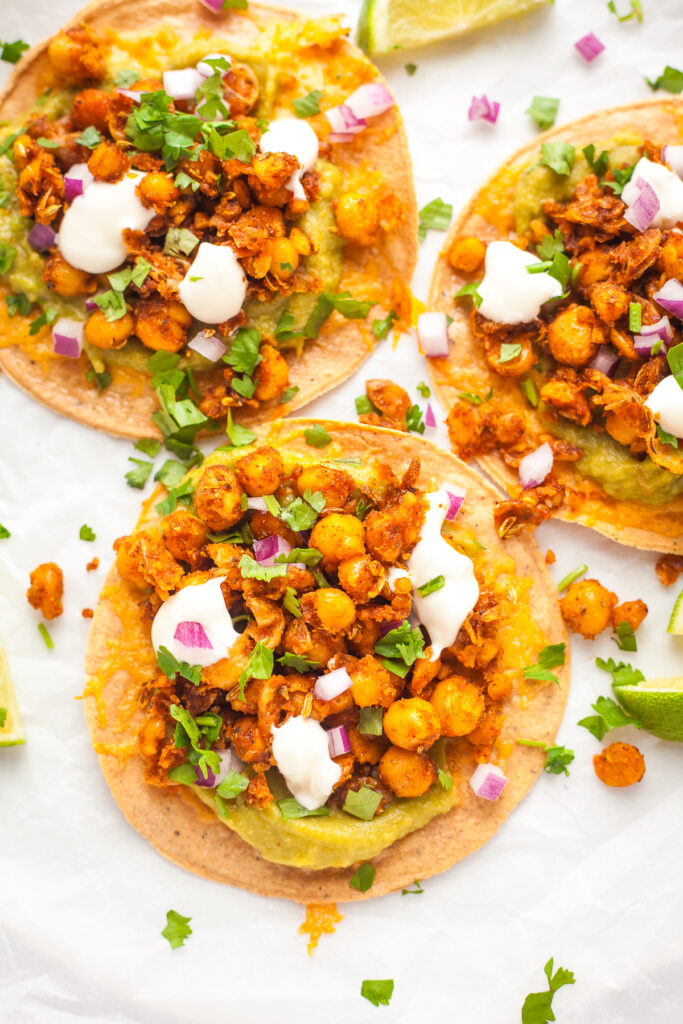 Vegetarian Tostadas with Crispy Smashed Chickpeas - Happy Veggie Kitchen