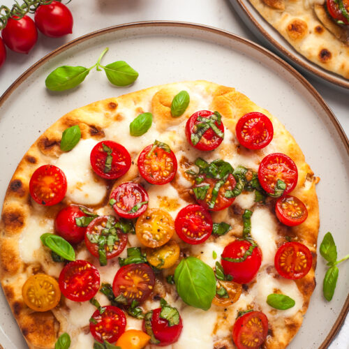 Easy Cherry Tomato Bruschetta Flatbreads - Happy Veggie Kitchen