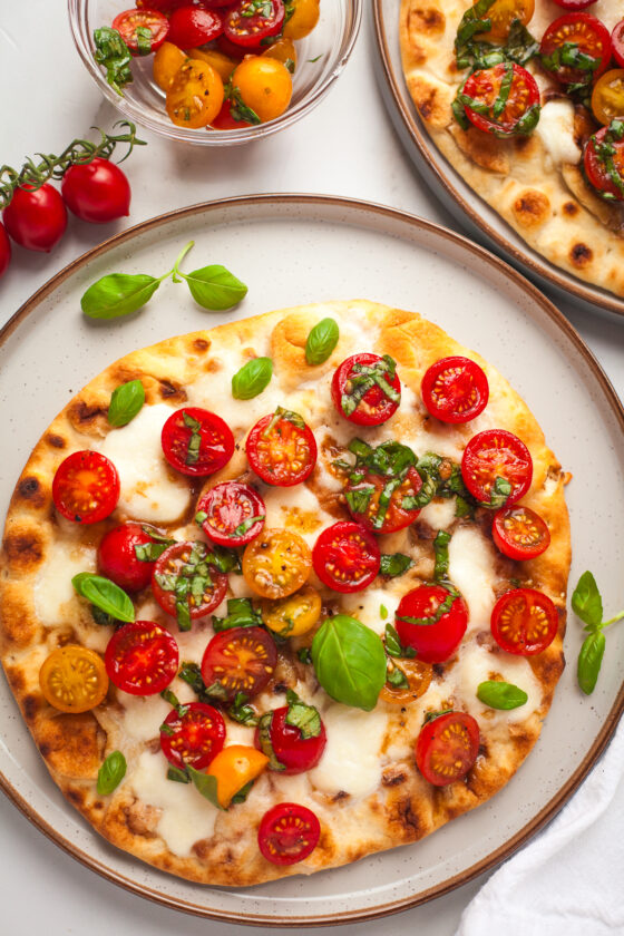 Easy Cherry Tomato Bruschetta Flatbreads - Happy Veggie Kitchen