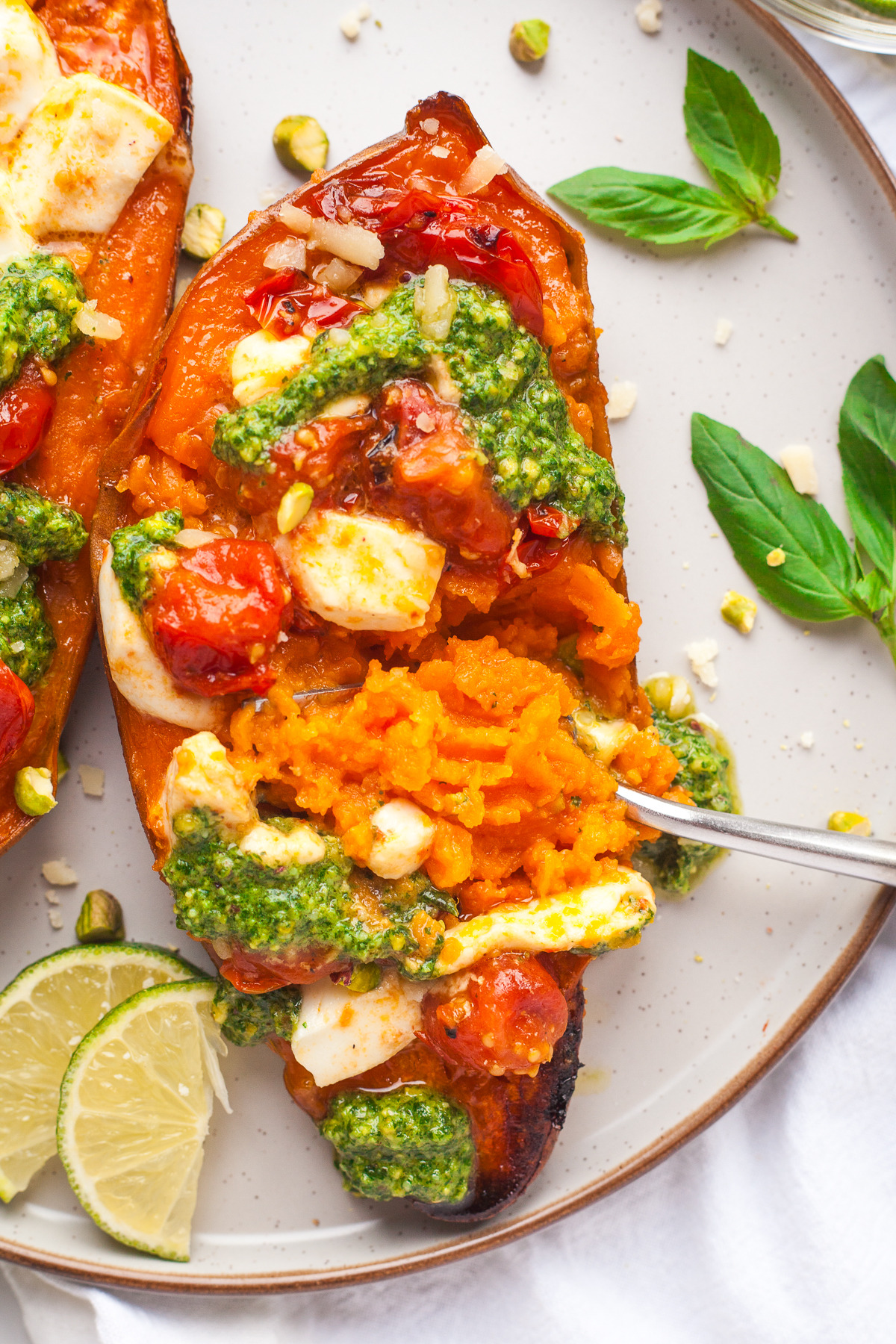Summer Sweet Potatoes with Tomatoes, Mozzarella & Pesto - Happy Veggie Kitchen