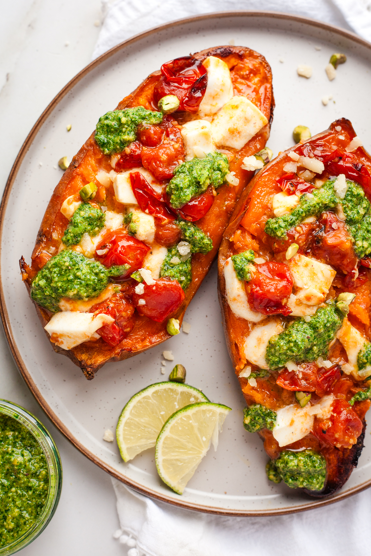 Summer Sweet Potatoes with Tomatoes, Mozzarella & Pesto - Happy Veggie ...