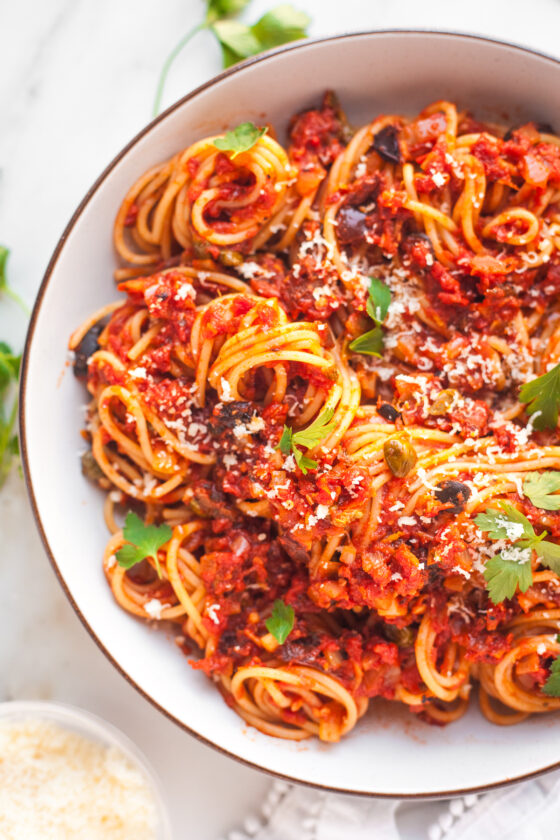 Vegetarian Puttanesca Pasta - Happy Veggie Kitchen