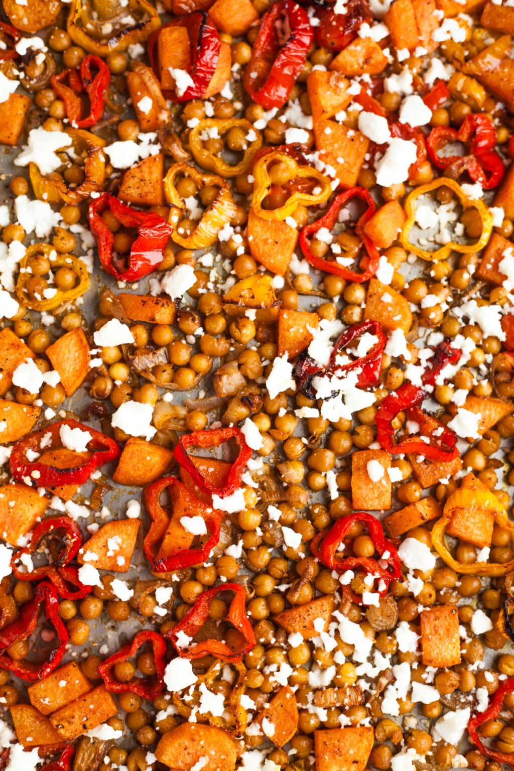 Sheet Pan Sweet Potato, Chickpeas & Peppers with Feta - Happy Veggie ...