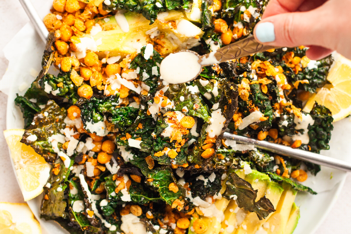 Crispy Roasted Kale Caesar Salad - Happy Veggie Kitchen