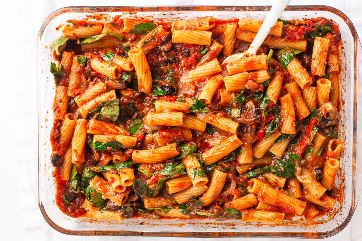 Easy Roasted Vegetable Pasta Bake (One Pan, No Boil) - Happy Veggie Kitchen
