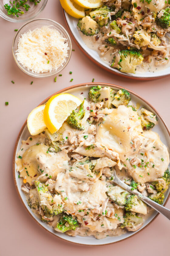One Pot Broccoli Walnut Ravioli - Happy Veggie Kitchen