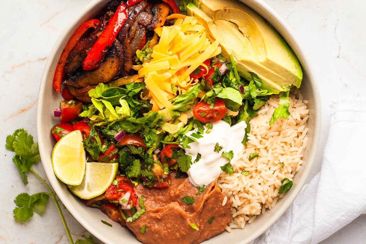 Vegetarian Refried Bean Burrito Bowls - Happy Veggie Kitchen