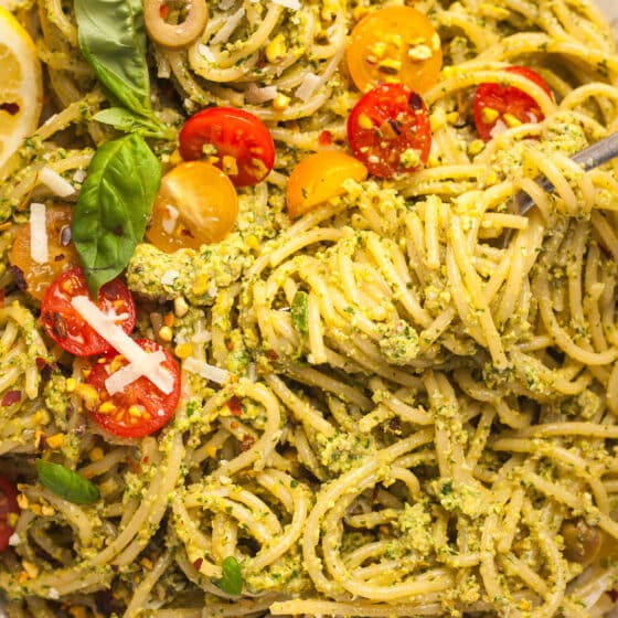Green Olive & Pistachio Pesto Pasta - Happy Veggie Kitchen